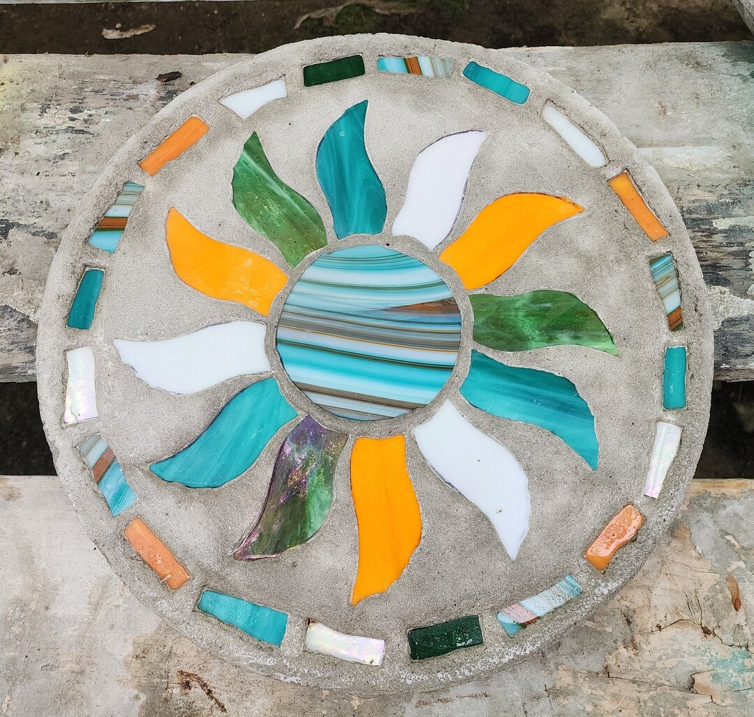 18 Stepping Stone, Concrete and Hand Cut Stained Glass Inlay. in Stock ...