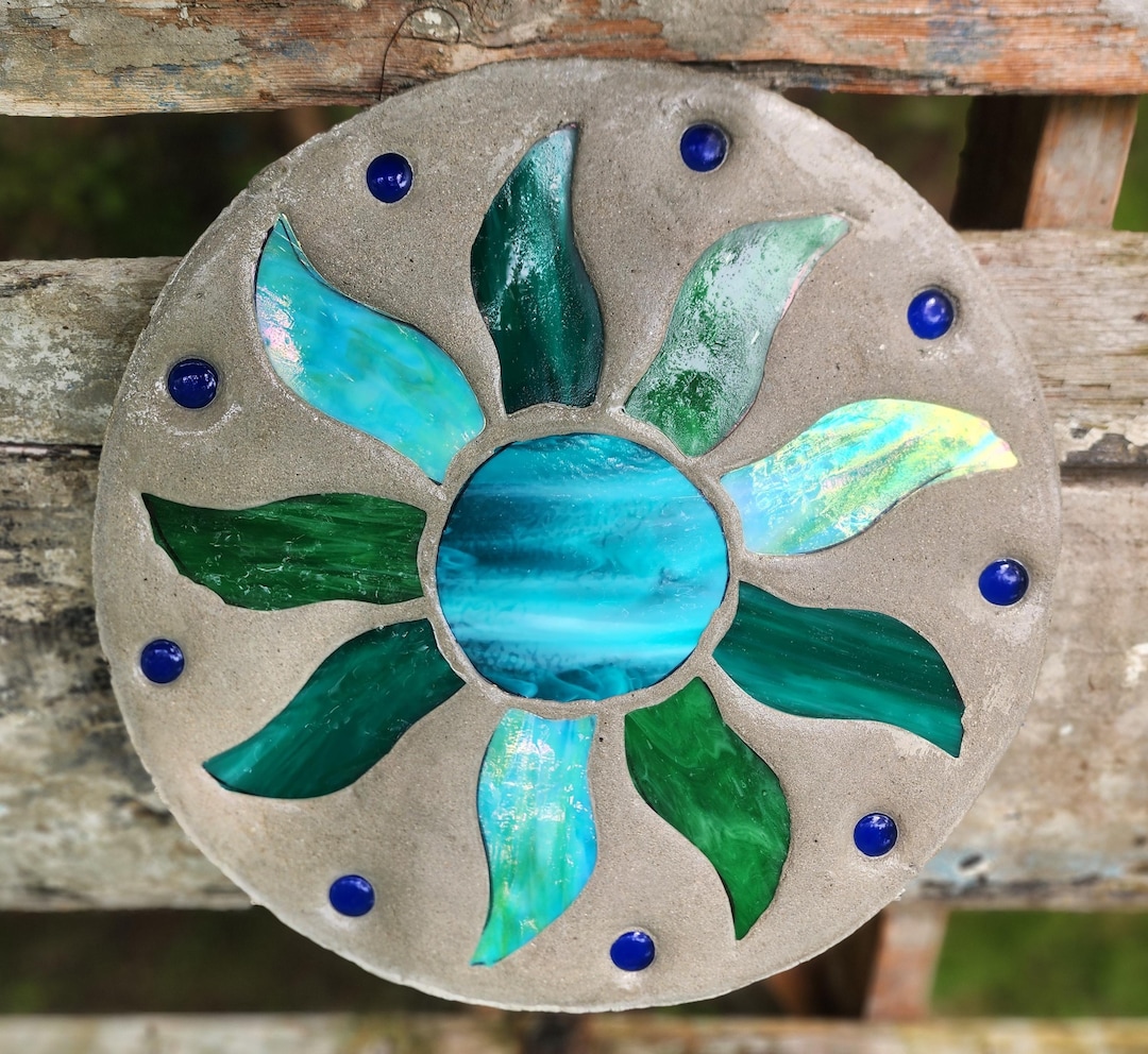 Sun Stepping Stone, 14", Solid Concrete, Stained Glass Inlay, Fun and ...