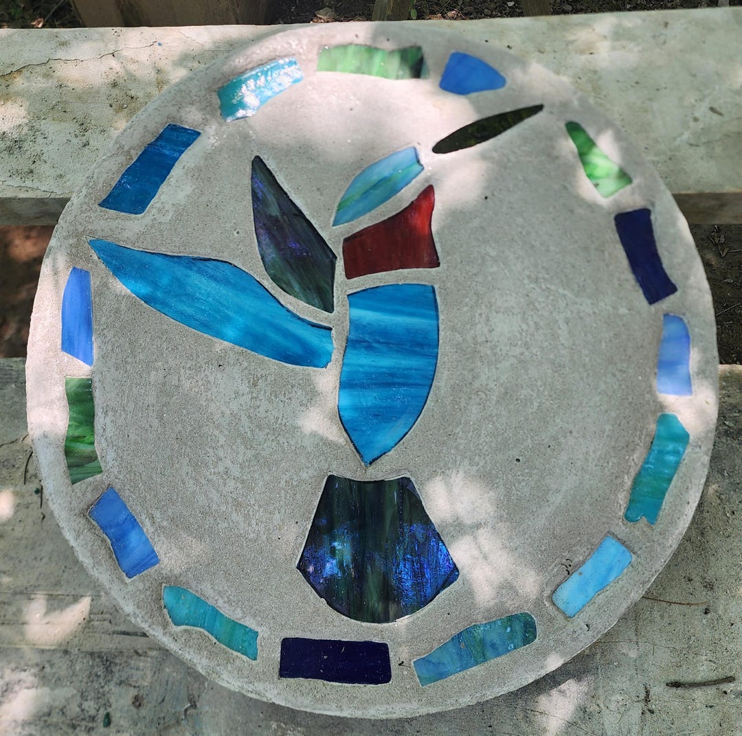 Hummingbird Stepping Stone, 14", Solid Concrete, Stained Glass Inlay ...