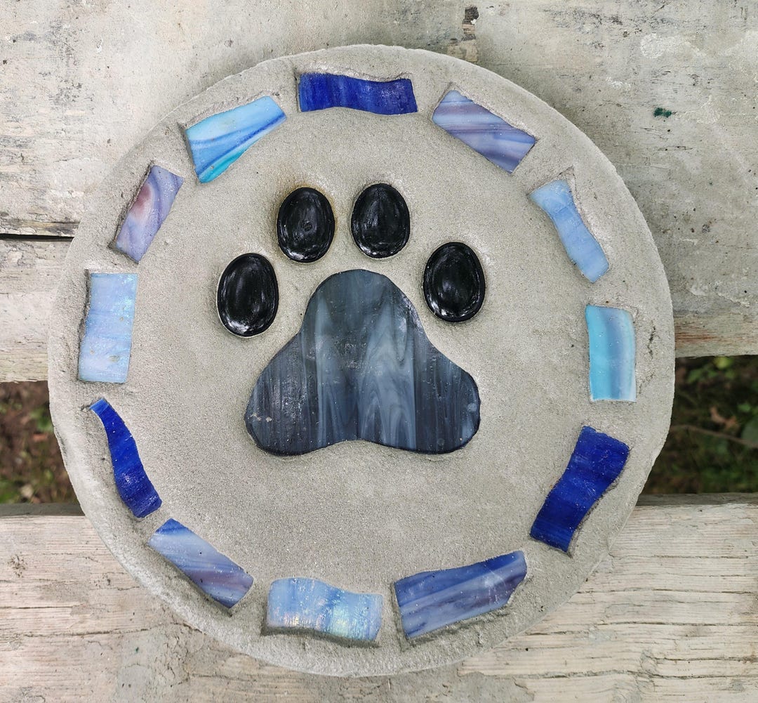 Paw Print Stepping Stone 11" Wide, Solid Concrete, Stained Glass Inlay ...