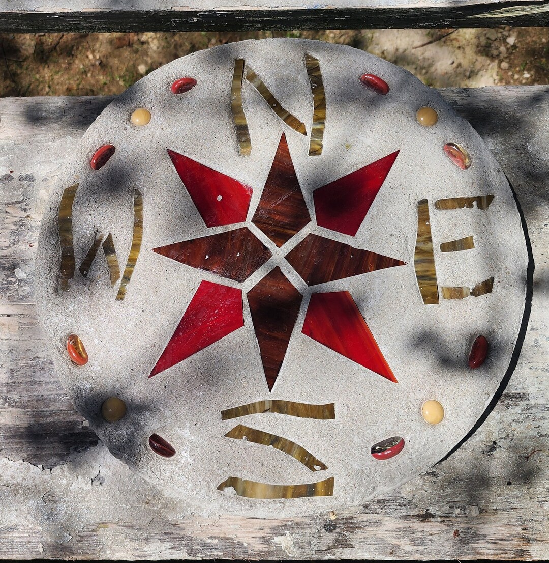 Compass Stepping Stone, 14", Solid Concrete, Stained Glass Inlay, Fun ...
