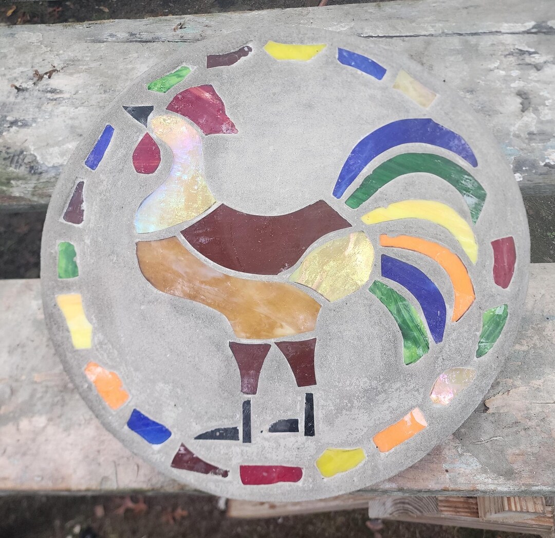 18" Rooster Stepping Stone, Concrete and Hand Cut Stained Glass Inlay ...