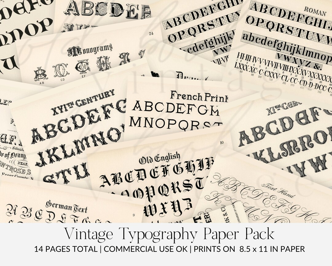 Vintage Typography Paper Pack, Printable, 14pcs / Digital Paper Pack ...