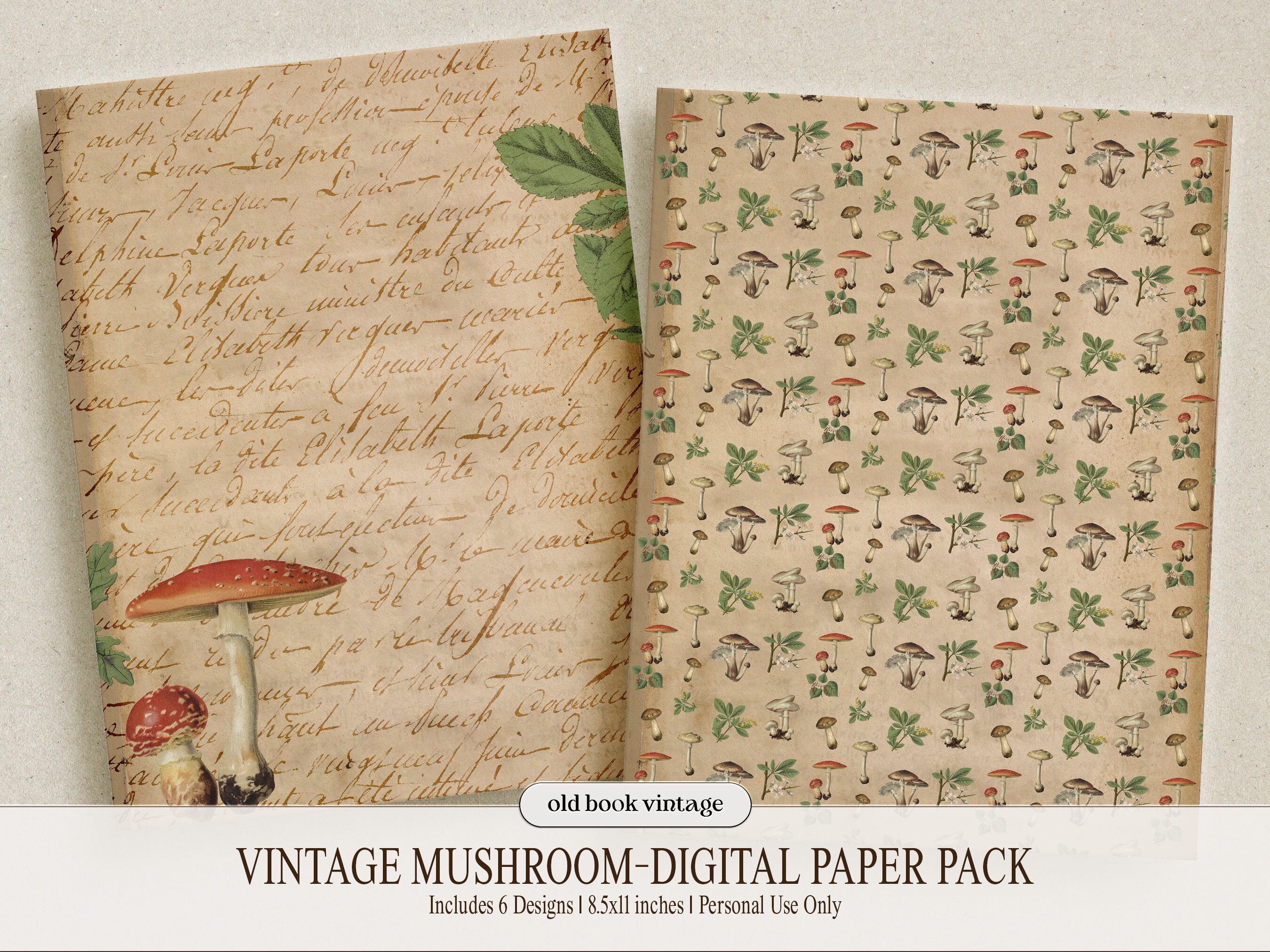 Vintage Mushroom Printable Paper Pack, Vintage Craft Scrapbooking Paper ...
