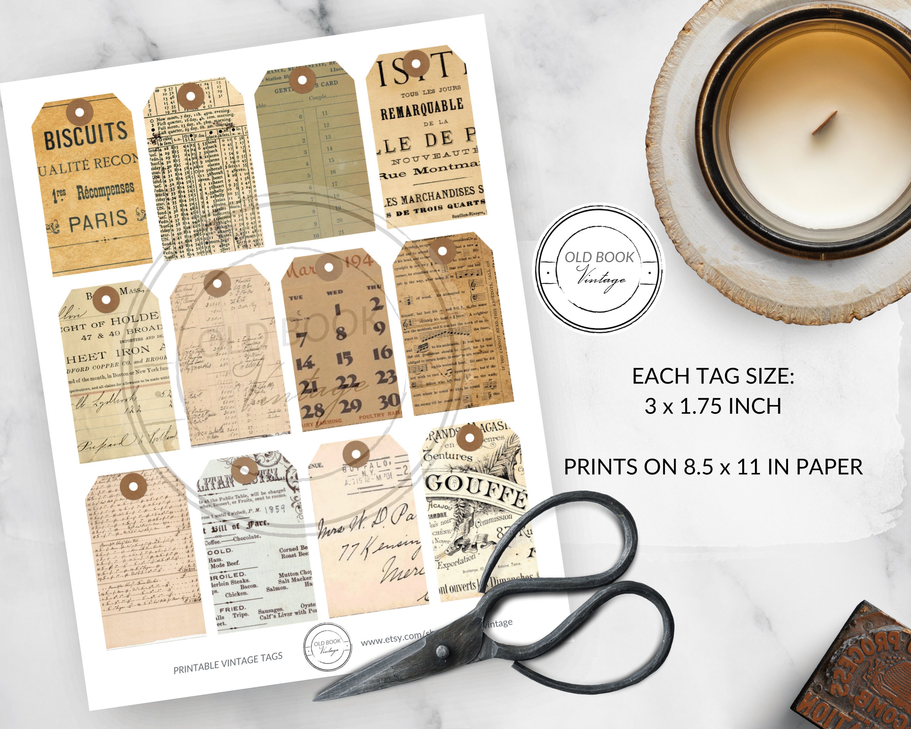12pcs-vintage Ephemera Tags, Printable / 3x1.75in / Digital Junk ...