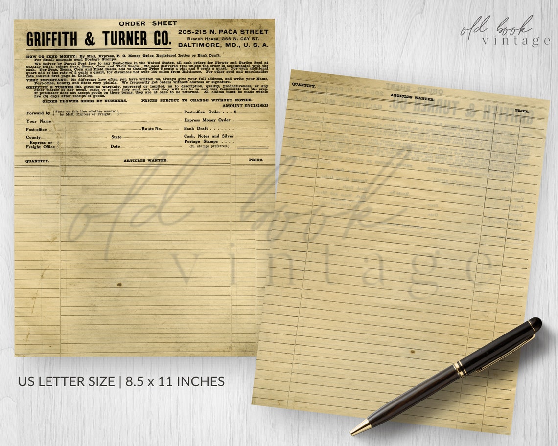 Vintage Order Form Printable Stationery / 8.5x11 / Vintage Letter ...