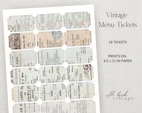 Vintage Menu Tickets / 18pcs / Printable Vintage Ephemera / - Etsy