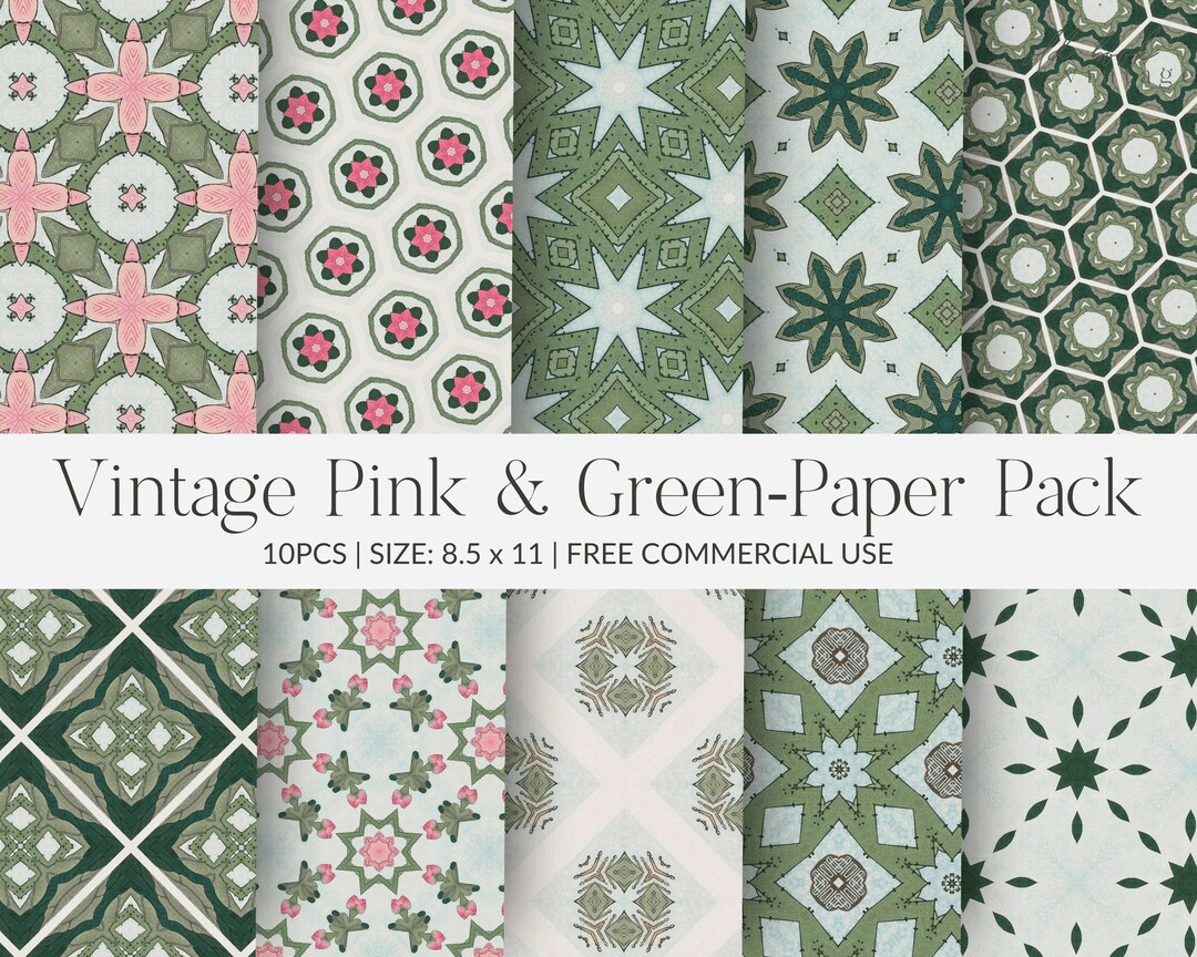 Vintage Pink & Green Patterns, Printable Paper Pack / 10pcs / 8.5x11 ...