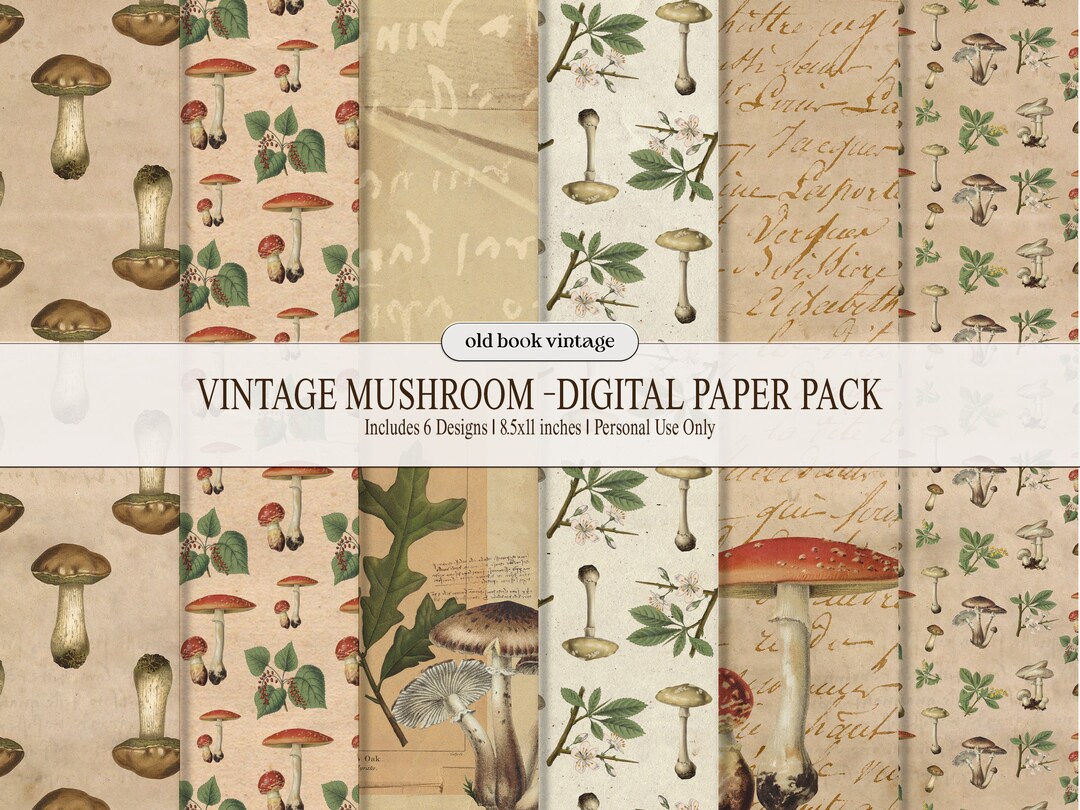 Vintage Mushroom Printable Paper Pack, Vintage Craft Scrapbooking Paper ...