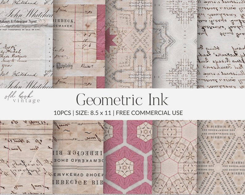 Geometric Ink, Vintage Printable Paper Pack of 10 / Digital Collage ...