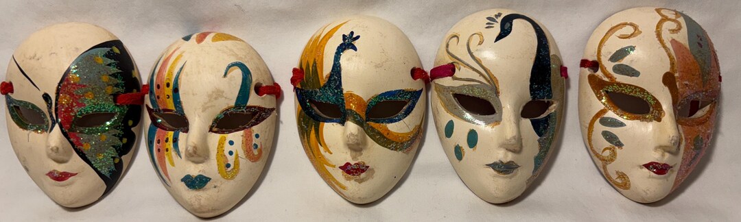 Charming Vintage Set of 5 Hand-painted Ceramic Mask Wall Plaques ...
