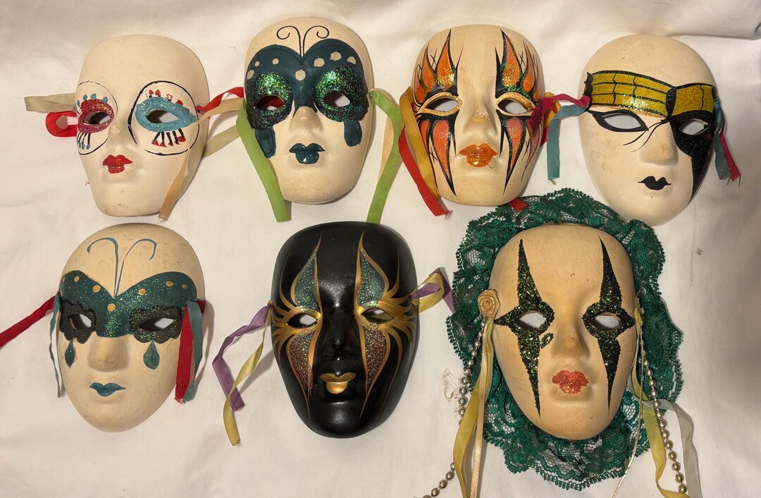 Vintage Ceramic Mask Wall Decor Set of 7 • Hand Painted Glitter ...