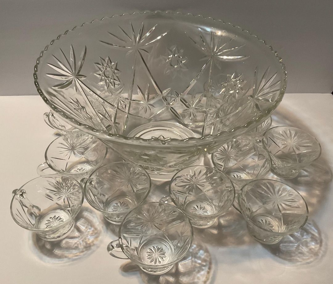 Vintage Crystal Pinwheel Punch Bowl Set With 12 Cups Starburst Cut ...