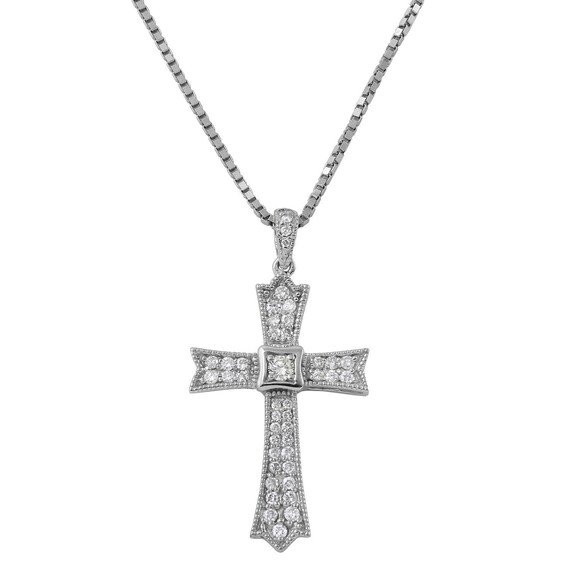 Pave Set Round Cut Diamond Cross Pendant With Box Chain - Etsy