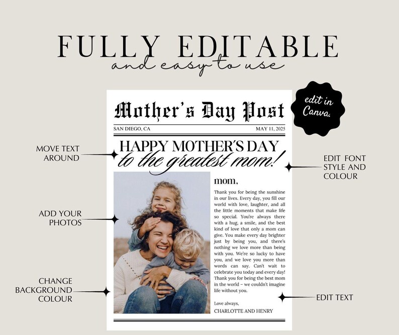 Editable Mother's Day Newspaper Gift: Personalized Printable Card ...