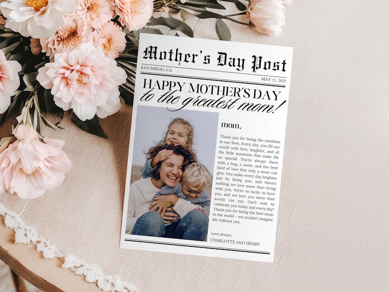 Editable Mother's Day Newspaper Gift: Personalized Printable Card ...