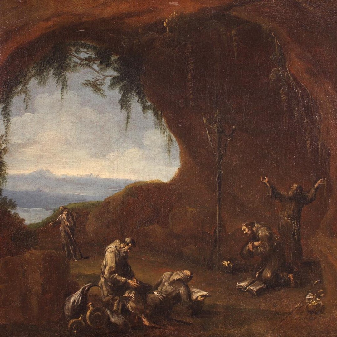 Antique Italian Painting Friars Landscape Artwork Oil on Canvas 18th ...