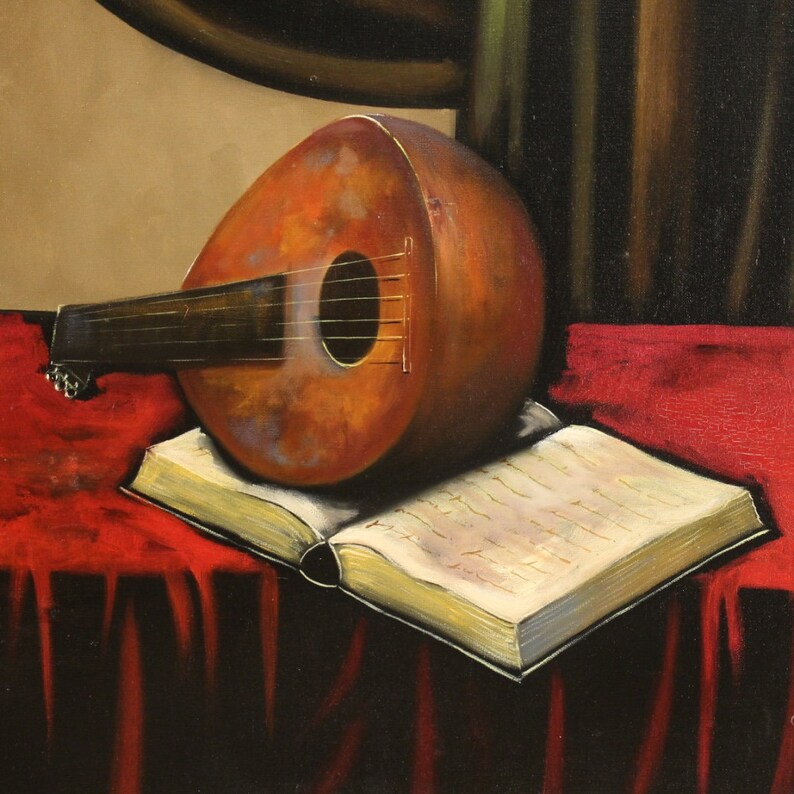 Still Life Musical Instruments Painting Oil Canvas Antique Style ...