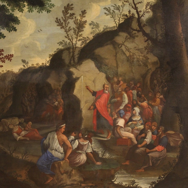 Great Religious Painting Miracle Moses Antique Work Oil on Canvas 18th ...