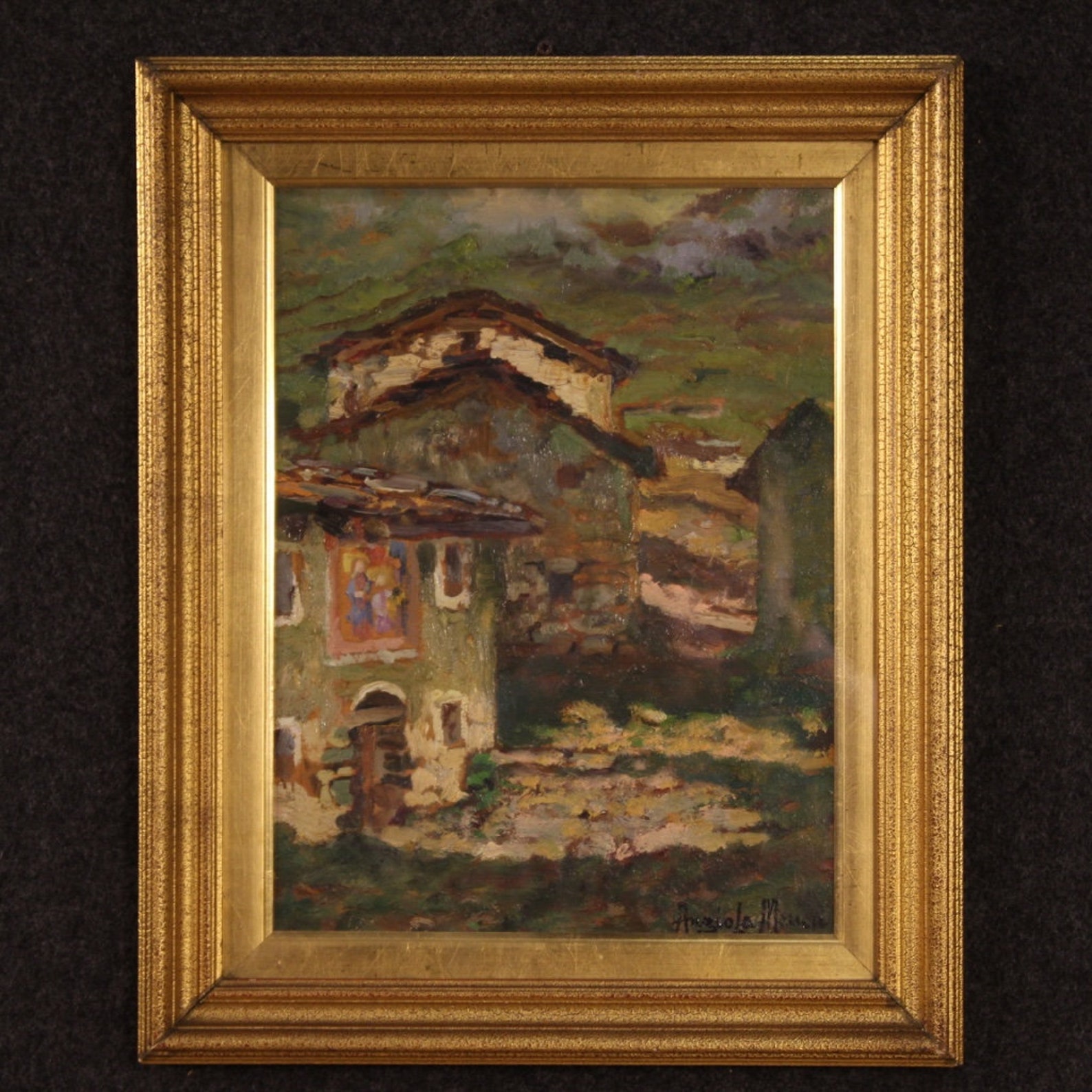 Painting Framework Oil on Cardboard Antique Style Signed Landscape ...