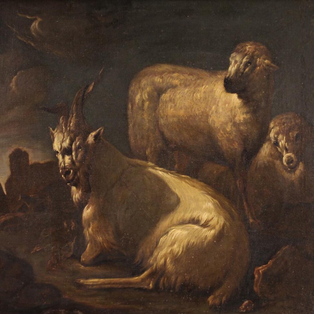 Bucolic Landscape Animal Goats Painting Antique Oil Canvas Artwork 17th ...