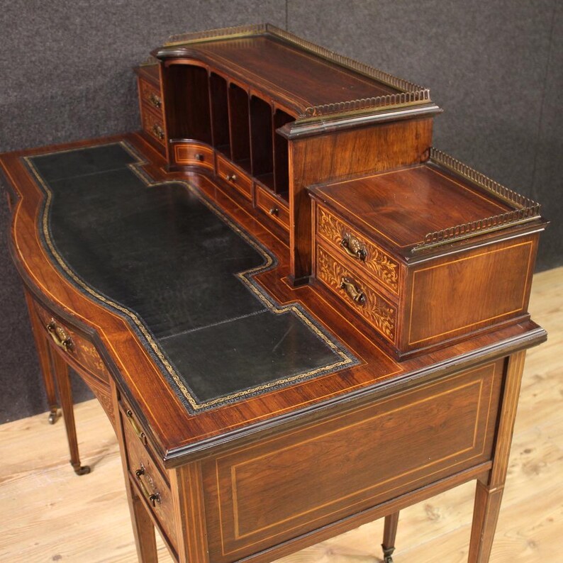 English Writing Desk Table Furniture Antique Inlaid Wood 19th Century ...