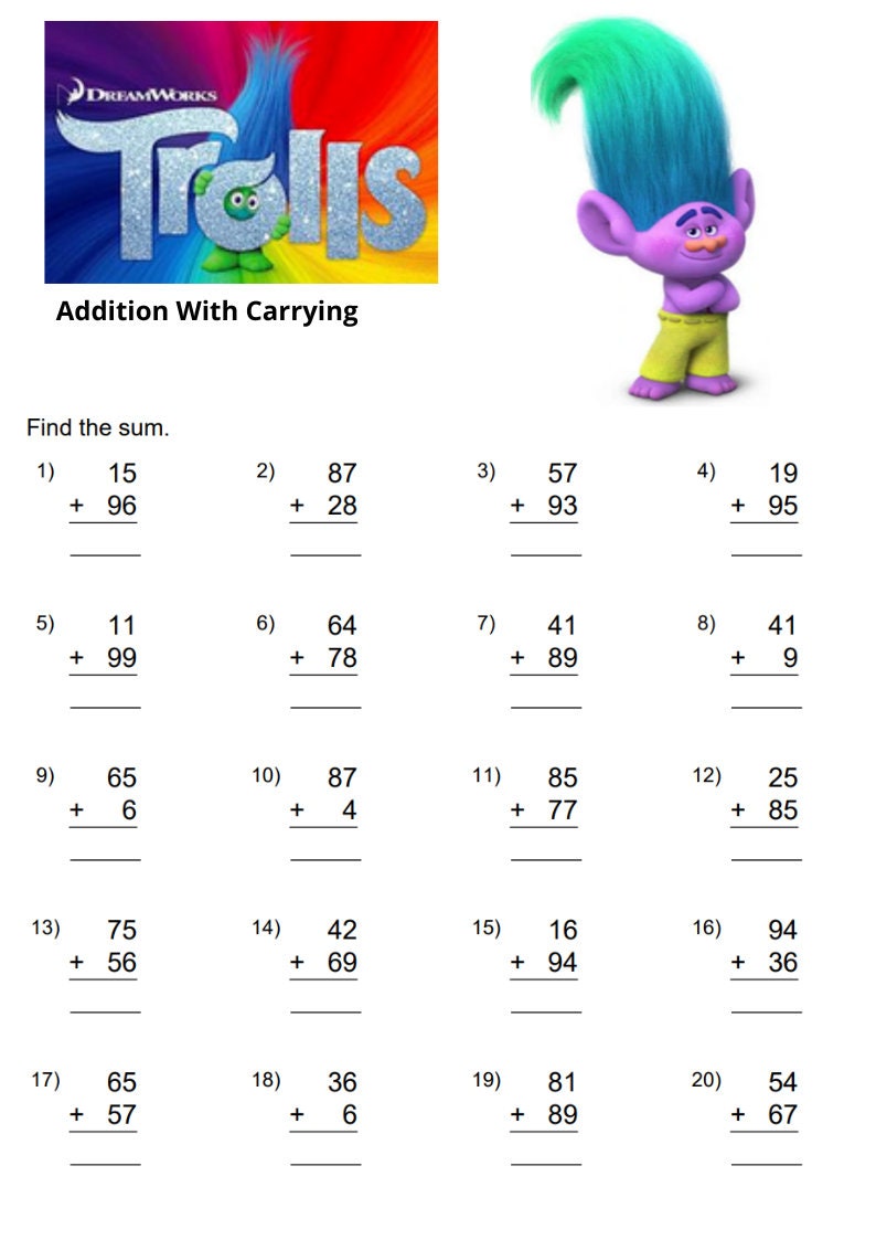 Set of 15 Trolls Printable Worksheets 2nd Grade Math Reading Activities ...