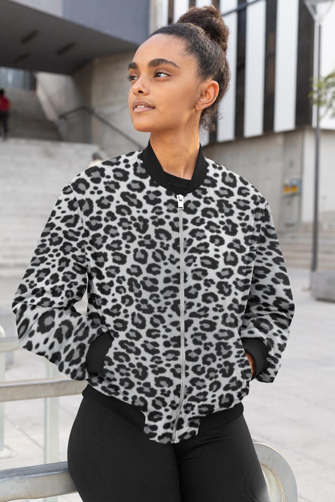 Snow Leopard Print Bomber Jacket: Trendy Chic Outerwear - Etsy