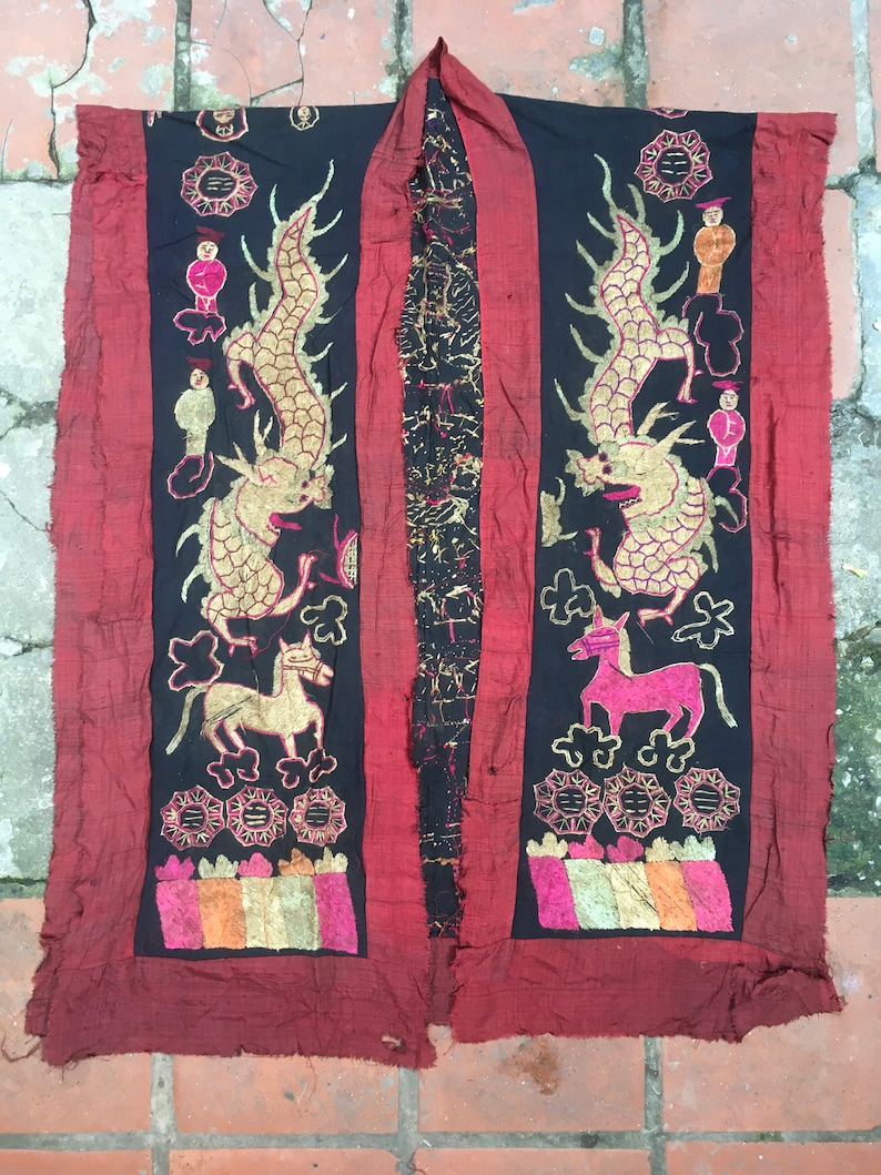 Vintage Tribal Red Dao Priest’s Dragon Robe Silk Cotton Embroidered in ...