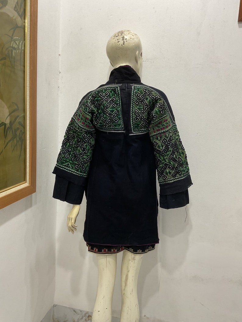 Vintage Black Hmong Indigo Cotton Shirt, Hand Embroidered Tribal Top ...