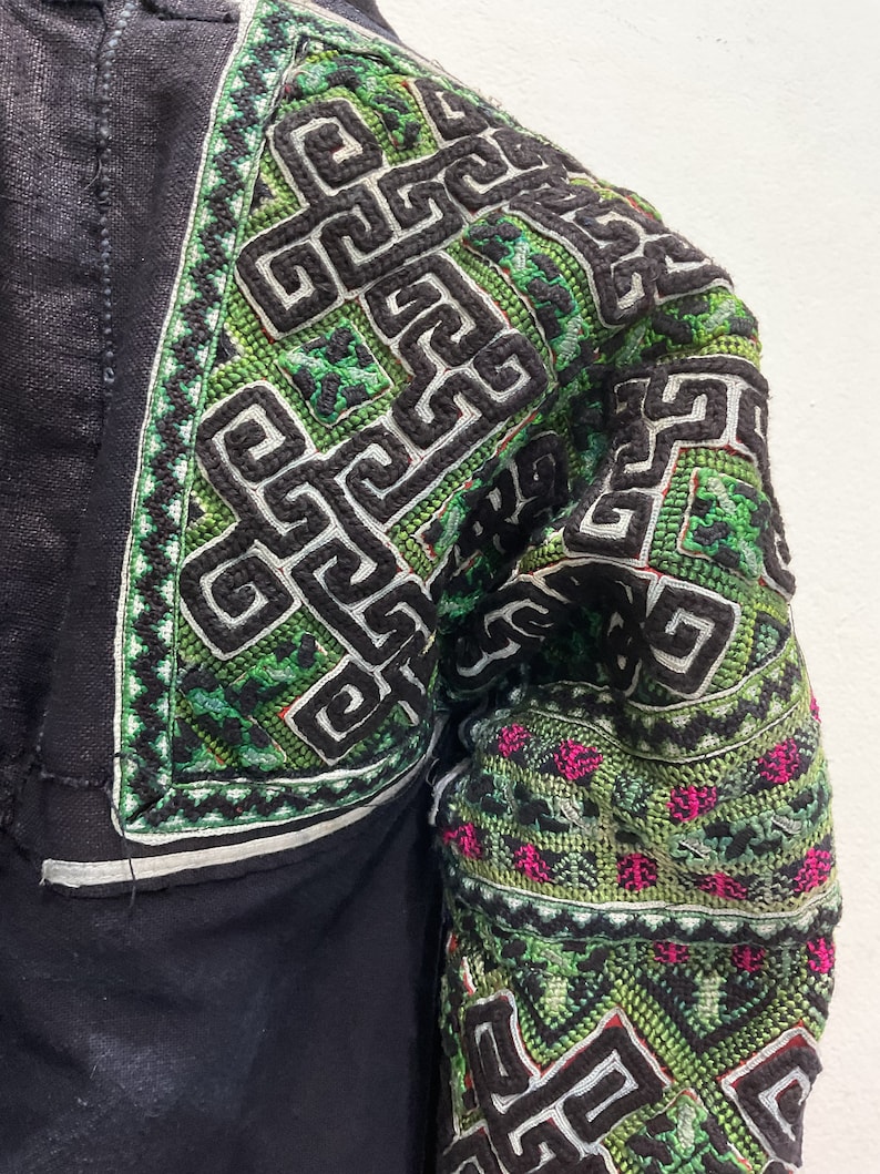 Vintage Black Hmong Indigo Cotton Shirt, Hand Embroidered Tribal Top ...