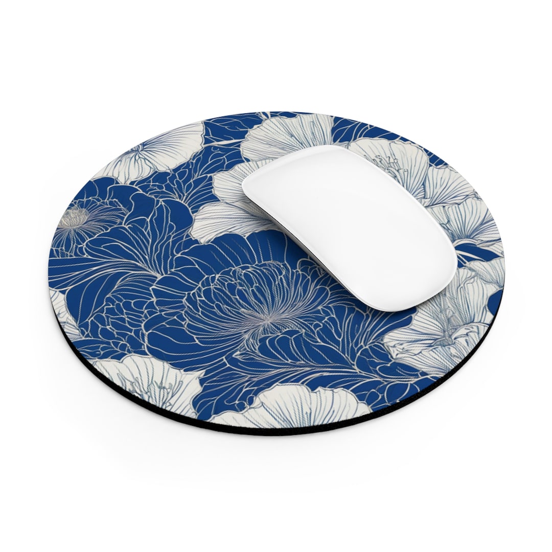 Blue and White Flower Floral Design Custom Design Designer Round Mouse ...