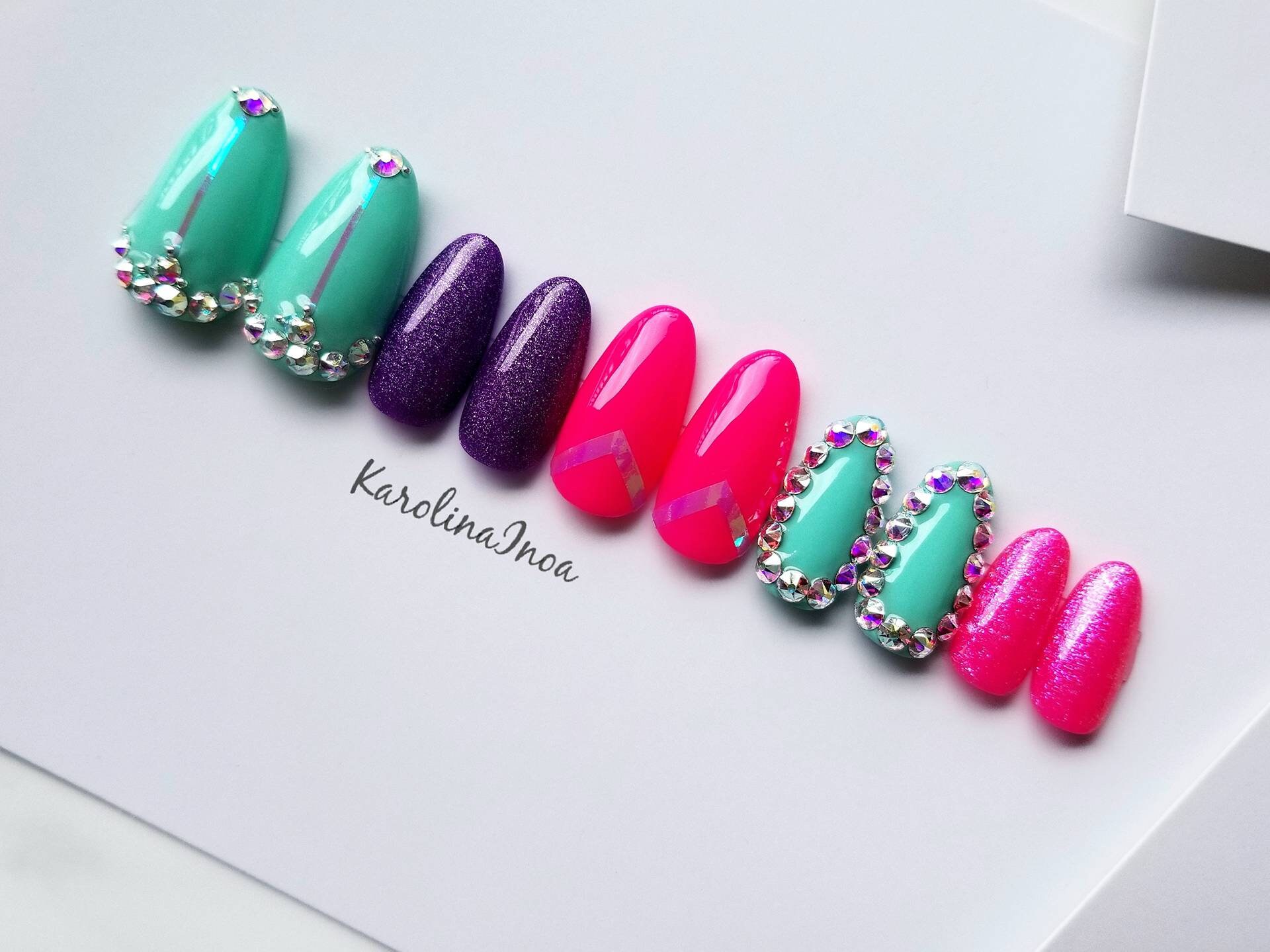 Mint and Neon Pink Press on Nails With Swarovski Crystals and | Etsy