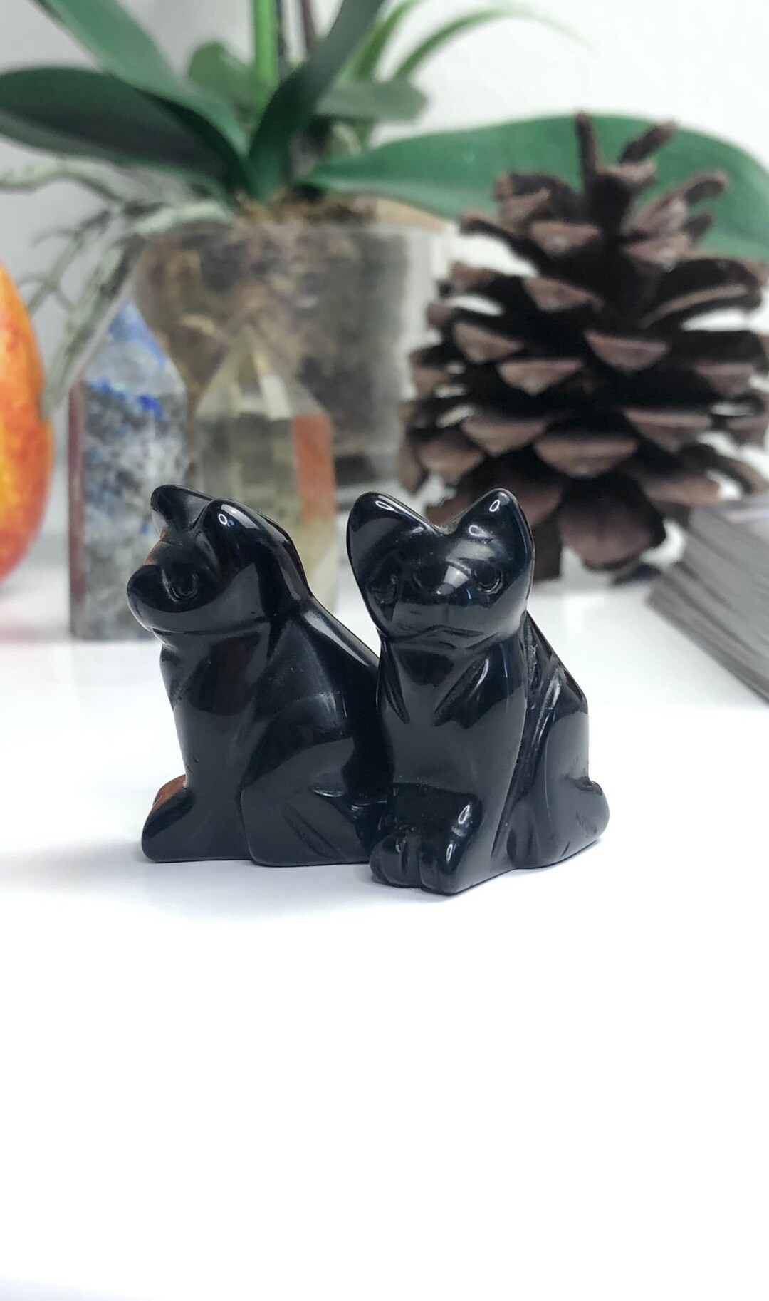 Obsidian Carved Cat, Carved Cat Crystal , Carved Cat Statute, Altar Cat ...