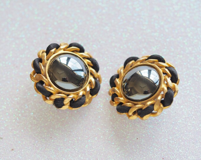 SET of 2 Buttons 28mm 1 1/8, Hematite Stone & Black Satin Cord Woven on ...