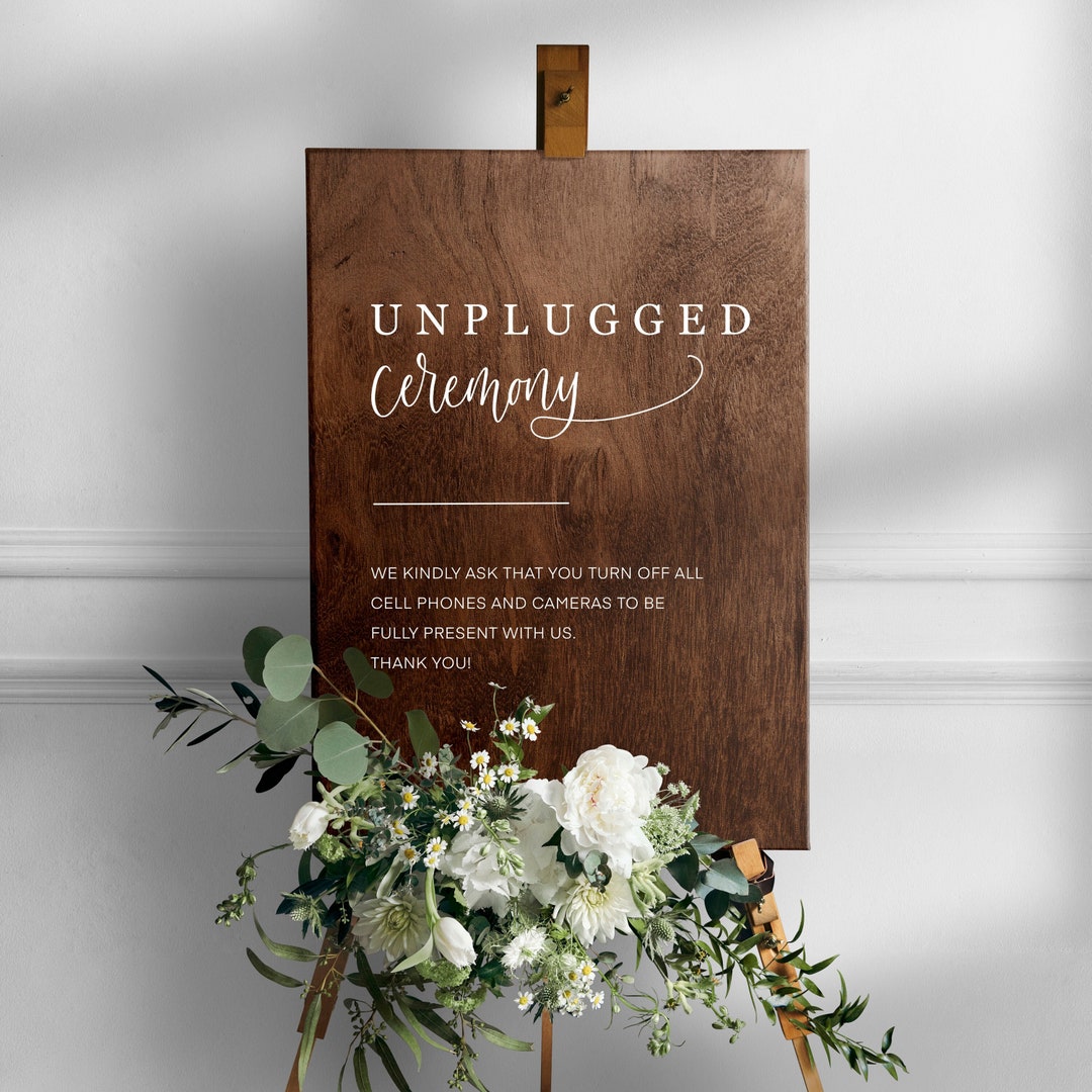 Wooden Unplugged Ceremony Sign With White Cursive Font, Small Unplugged ...