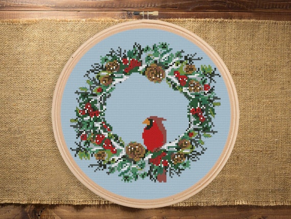 Red Cardinal cross stitch pattern Christmas wreath 2021 | Etsy