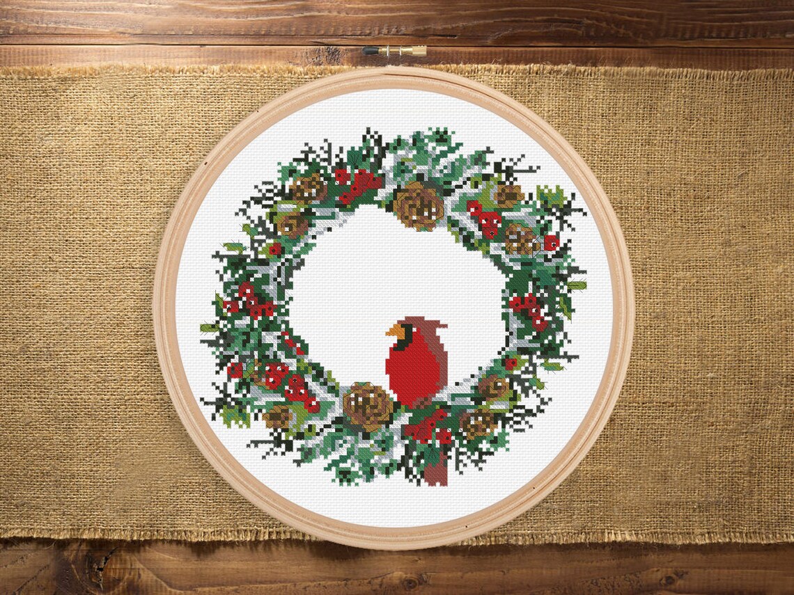 Red Cardinal cross stitch pattern Christmas wreath 2021 | Etsy
