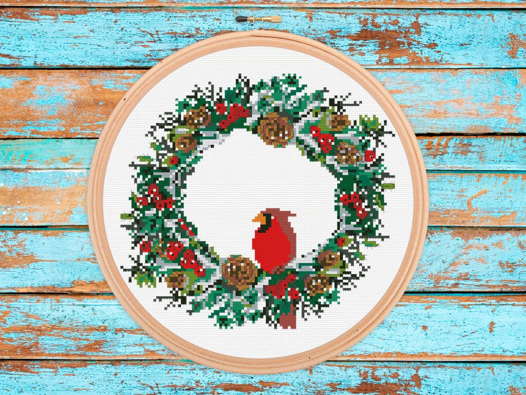 Red Cardinal Cross Stitch Pattern, Christmas Holiday Wreath, Xstitch ...
