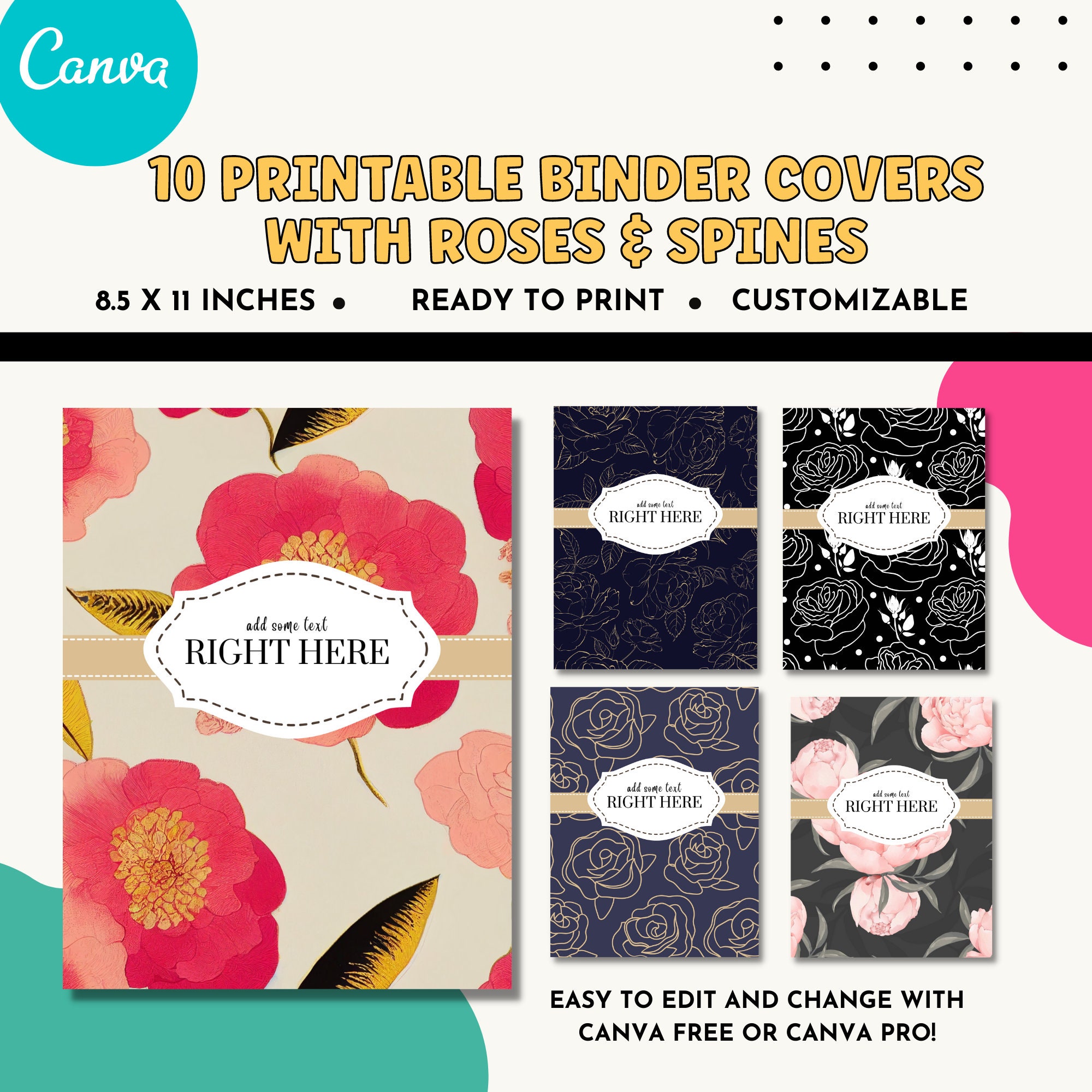 10 Binder Cover Printables With Roses & Spines 8.5 X 11 Inches - Etsy