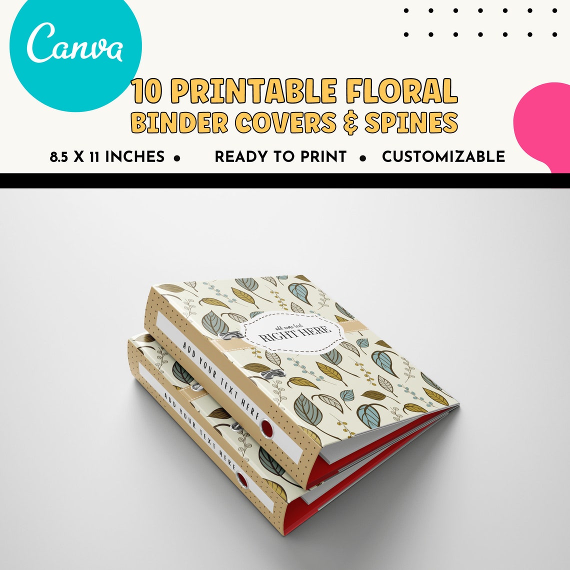 10 Editable Floral Printable Binder Covers & Spines 8.5 X 11 Inches ...