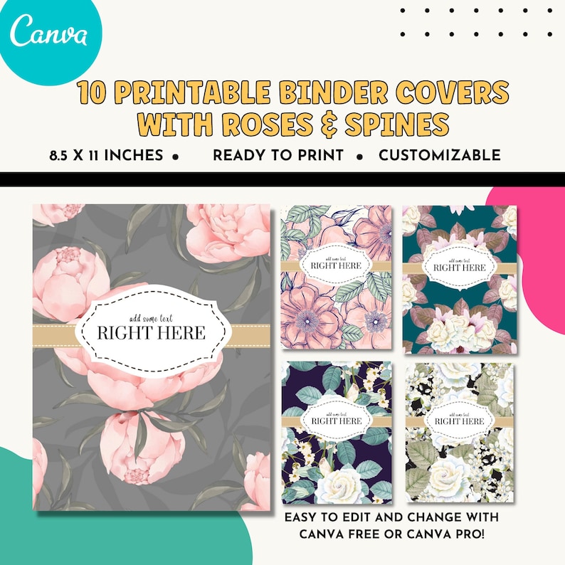 10 Binder Cover Printables With Roses & Spines 8.5 X 11 Inches - Etsy