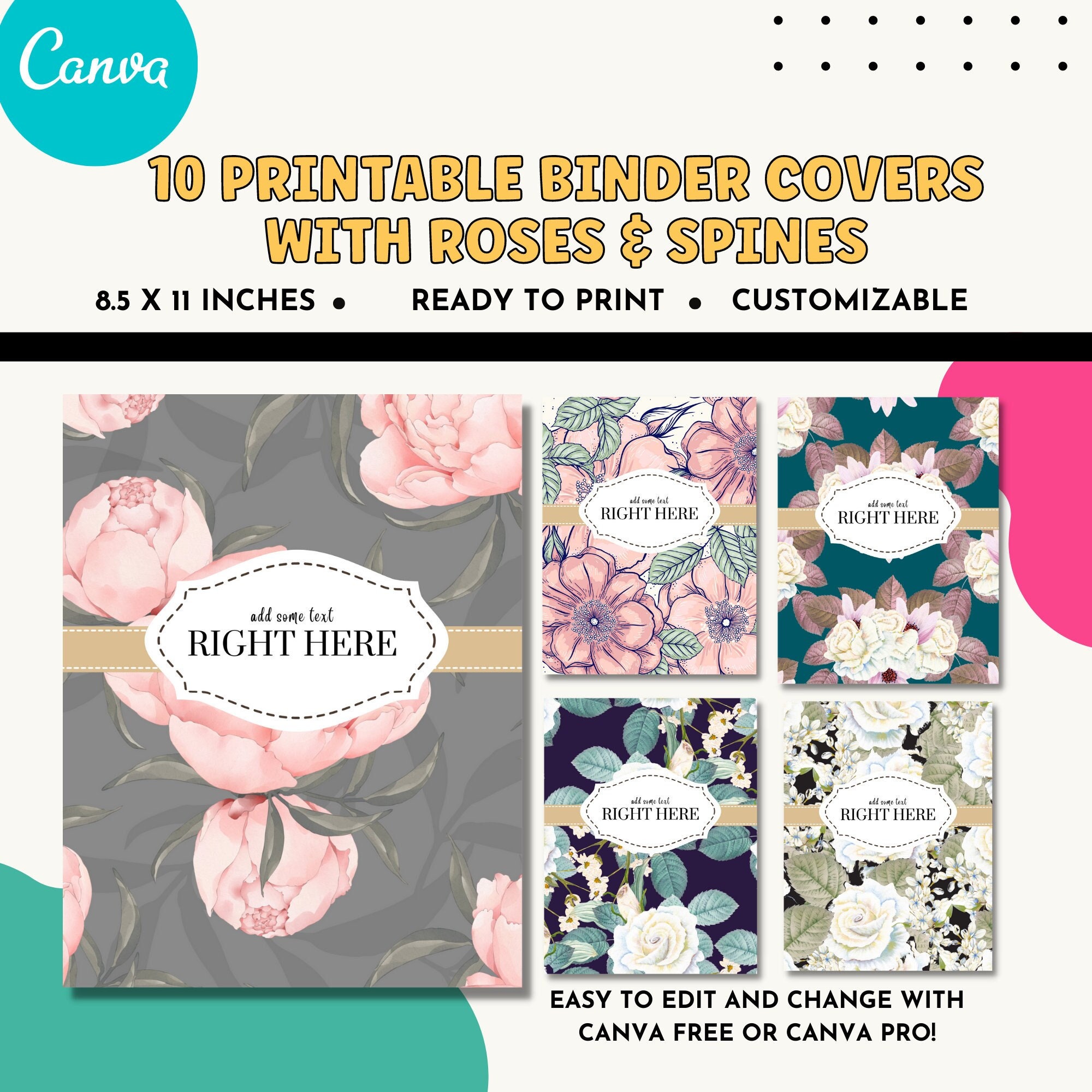10 Binder Cover Printables With Roses & Spines 8.5 X 11 Inches - Etsy