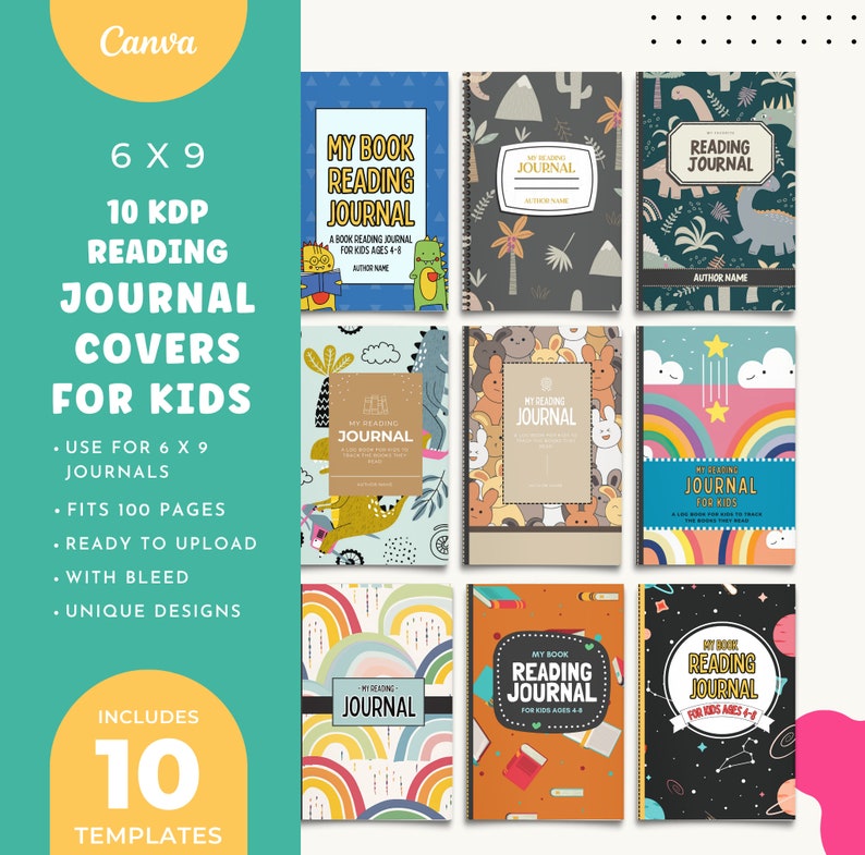 10 KDP Reading Journal Covers for Kids Designs 6X9 Canva KDP Templates ...