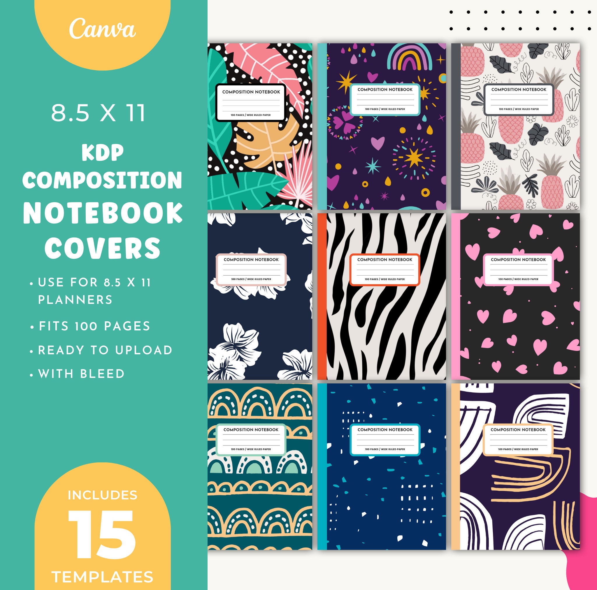15 Kdp Composition Notebook Covers 8 5 X 11 Inches Canva Kdp Templates