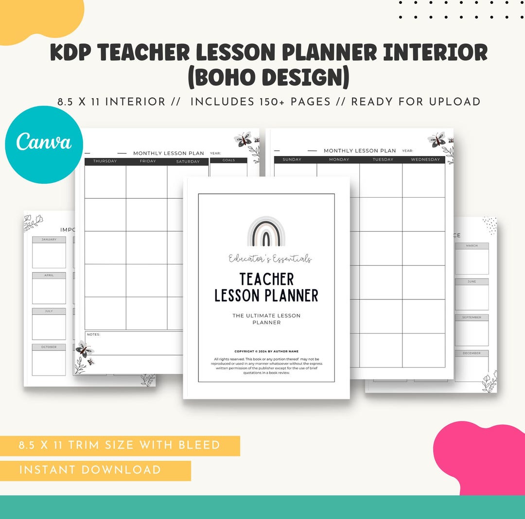 KDP Teacher Lesson Planner Printable Interior boho Design 8.5 X 11 ...