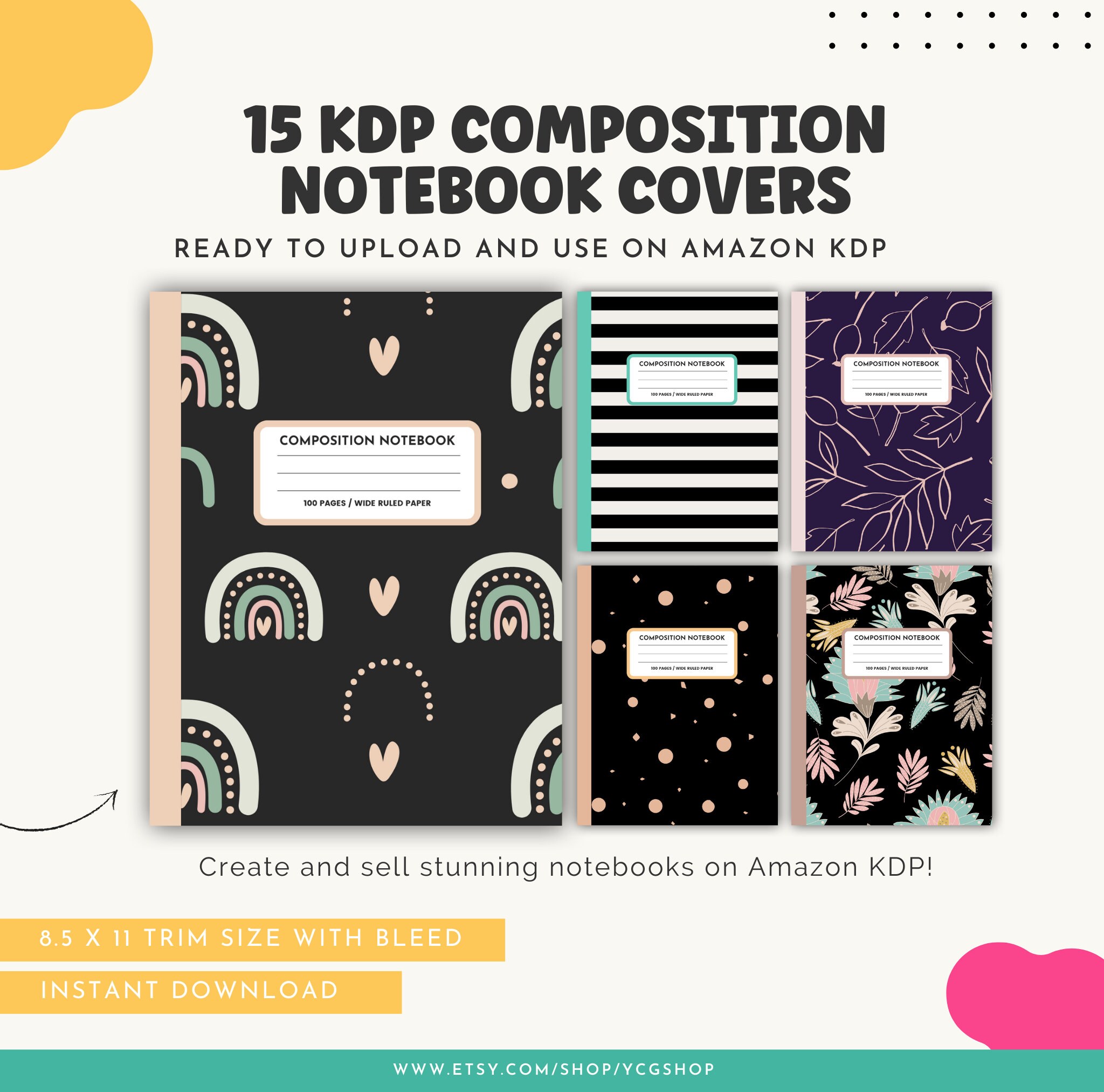 15 Kdp Composition Notebook Covers 8 5 X 11 Inches Canva Kdp Templates