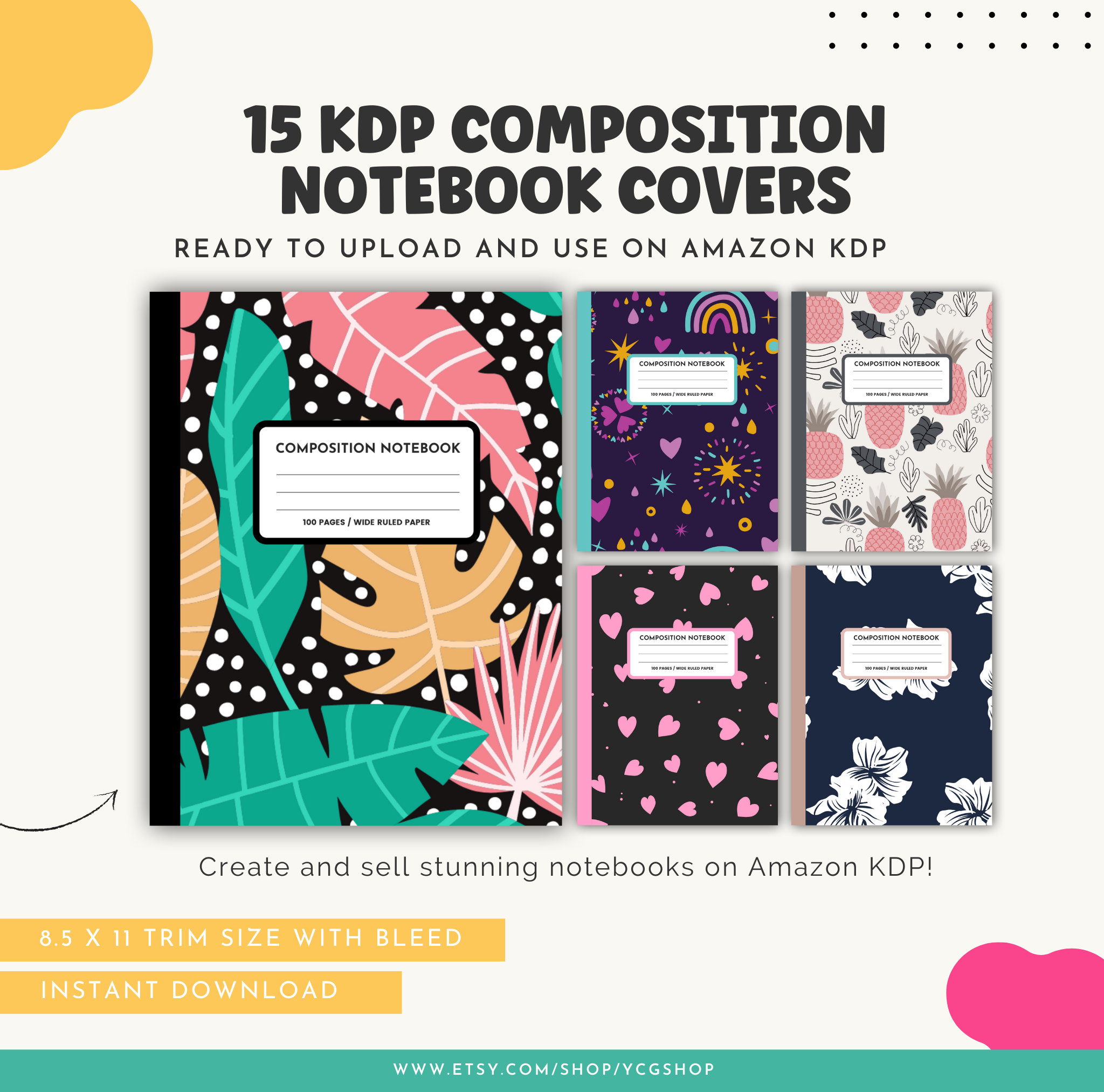 15 KDP Composition Notebook Covers 8.5 X 11 Inches Canva KDP Templates ...