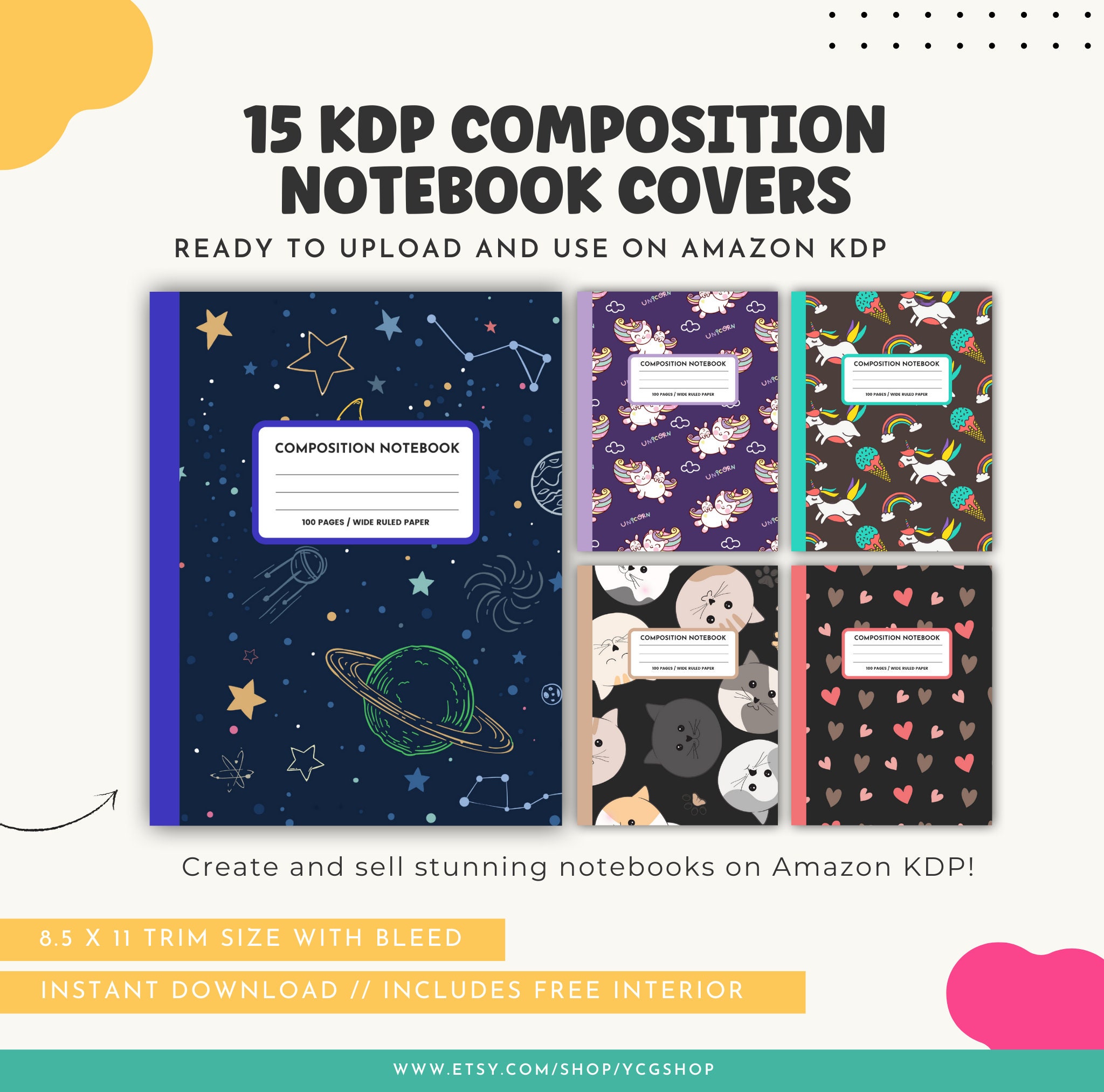 15 Amazon KDP Composition Notebook Covers for Kids 8.5 X 11, Canva KDP ...