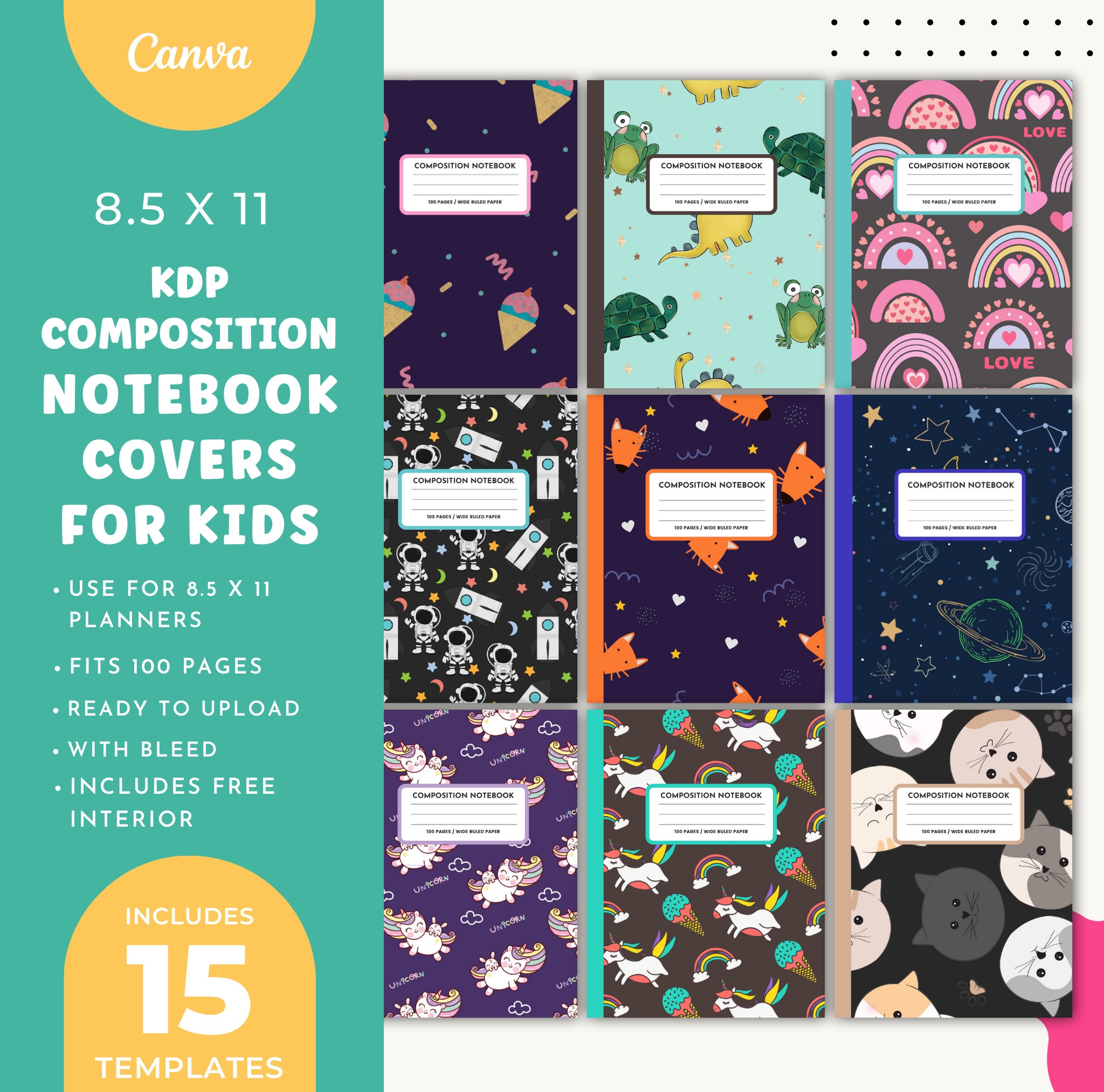 15 Amazon KDP Composition Notebook Covers for Kids 8.5 X 11, Canva KDP ...